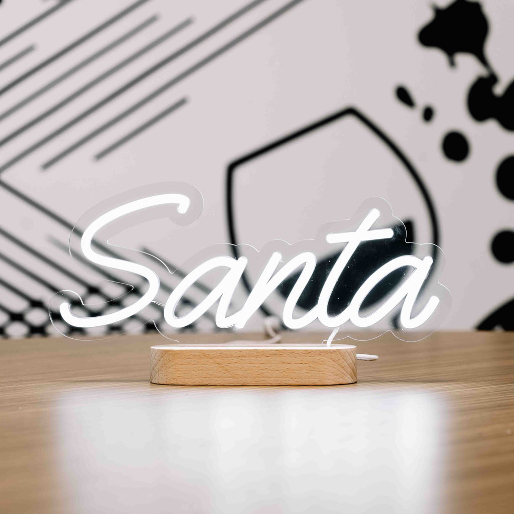 Santa Neon Sign - Christmas Table Stand - Wooden Base